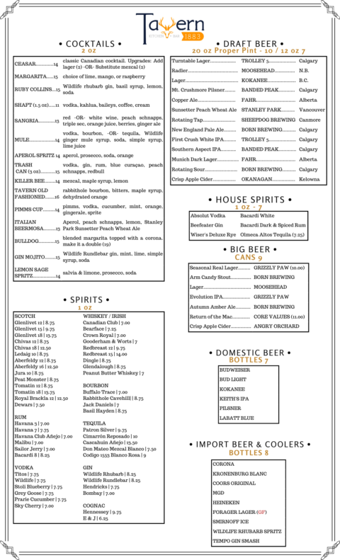 MENU - Tavern 1883